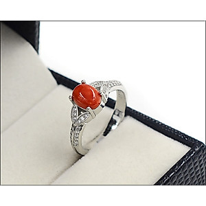 8X6 MM Oval Cut Natural Red Coral Cabochon Gemstone 925 Sterling Silver May Birthstone Solitaire Unisex Proposal Ring Birthday Gift For Wife (Yellow Gold Rhodium Plated Silver, 8)