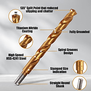 MulWark 25PC Titanium Nitride Coated Twist Drill Bit Set, 135° High Speed HSS Steel Jobber Drill Bits 1/6"-1/2" Straight Round Shank Drill Bits