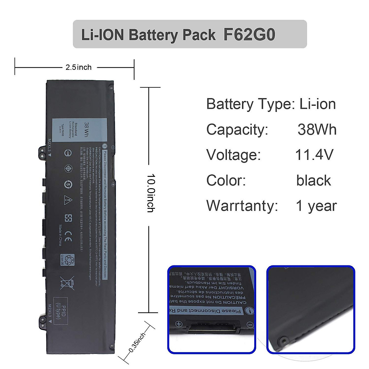 Angwel F62G0 Laptop Battery Compatible for Dell Inspiron 13 5370 7370 7373 7380 7386 P83G P83G001 P83G002 Vostro 13 5370 D1525S D1505G R1605S D2505G Series RPJC3 39DY5 F62GO [11.4V 38Wh]