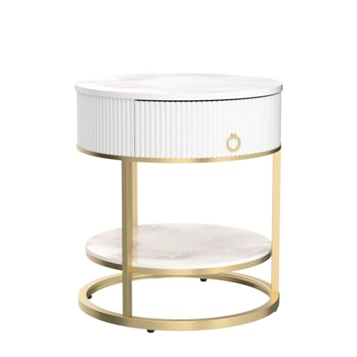 OIOG Round Side Table with Drawer, 2 Tier Night Stand with Shelf, Modern Side Table with Gold Legs for Living Room, Bedroom, Dorm, Marbling Natural Stone/Gold