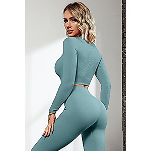 QINSEN Women's Winter Yoga Leggings 2 Piece Outfit Ribbed Seamless Long Sleeve Crop Top Sport Shirt Sets Tracksuit Blue M