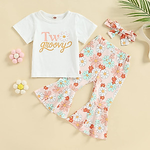 CHAUKAREAUL Toddler Baby Girl 2nd Birthday Outfit Short Sleeve Two Groovy Print Romper Floral Bell Bottom Pants 2 Year Old (White 2nd, 2-3 Years)