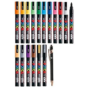 Uni Paint Marker Poster Color 17 Marking Pen Fine Point PC-3M 15 Standard & Gold,Silver Set With Kanji LOVE Sticker