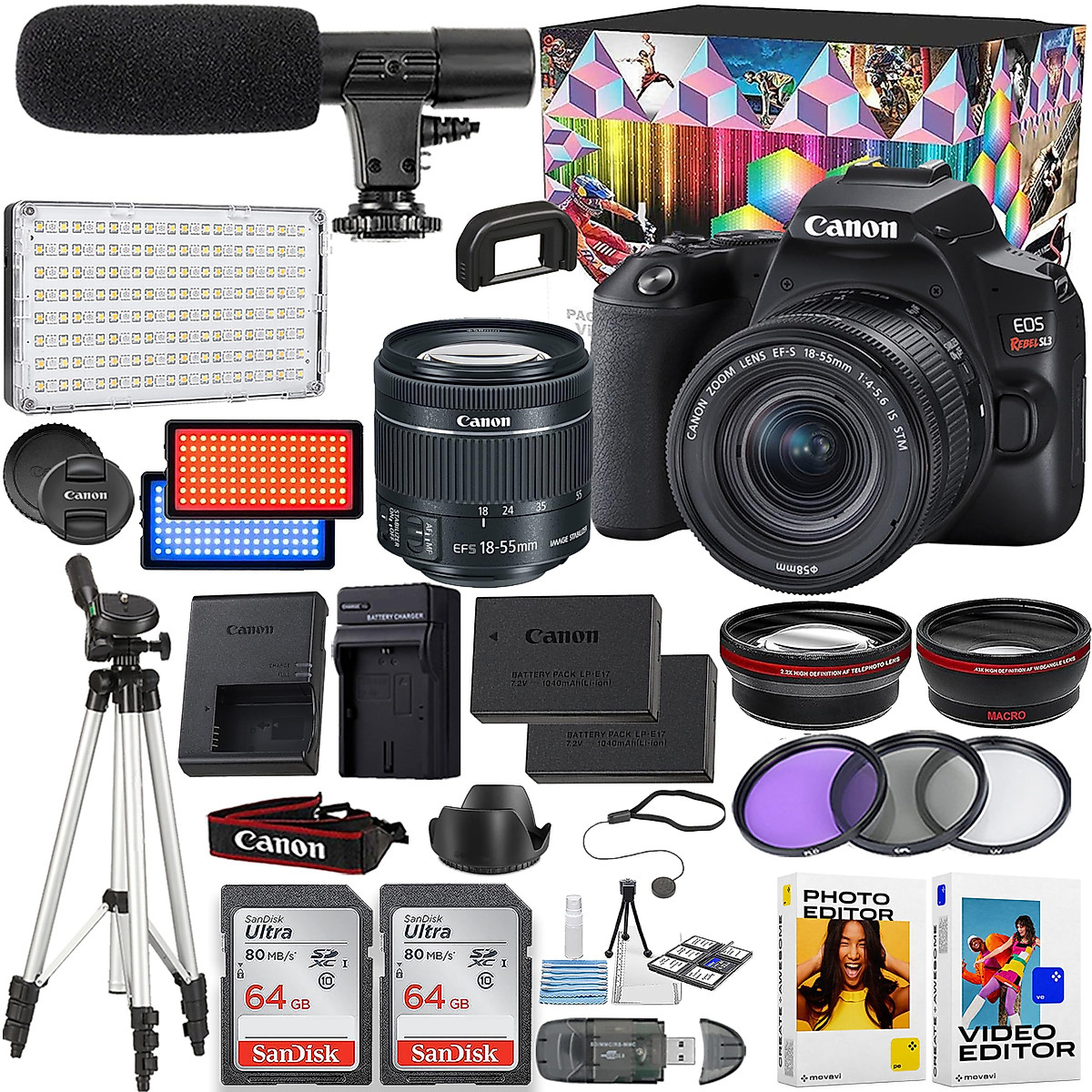 Canon EOS Rebel SL3 DSLR Camera with Video Creator Kit + Canon EF-S 18-55mm f/4-5.6 is STM Lens + 2pc 64GB Memory Cards + Softwear Editor + Tripod & More (Renewed)