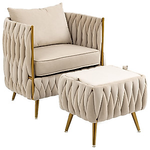 NIOIIKIT Modern Velvet Accent Chair with Storage Ottoman, Upholstered Hand Woven Lounge Chair with Pillow, Luxury Armchair, Vanity Chair for Living Room, Bedroom, Office (Beige)