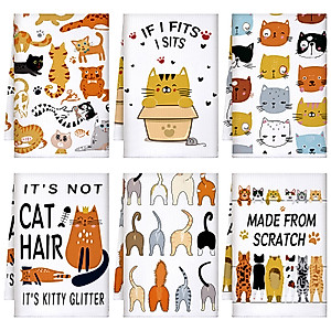TecUnite 6 Pcs Cat Kitchen Towels Set Funny Cat Tea Towels Cute Dish Towels Decorative Cat Hand Towel Cat Lover Gifts for Cleaning Drying Wiping Tasks Cat Owners Women Mom Housewarming Gifts Decor