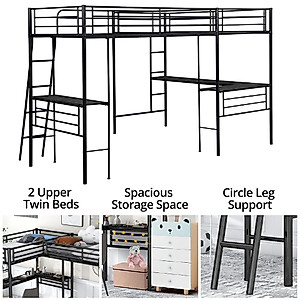 INCLAKE L Shaped Metal Loft Bed with 2 Desk, Twin Size Loft Bed with Safety Guardrail and 2 Ladder, Heavy-Duty Steel Frame Corner Twin Bed for Girls Boys Teens, Black