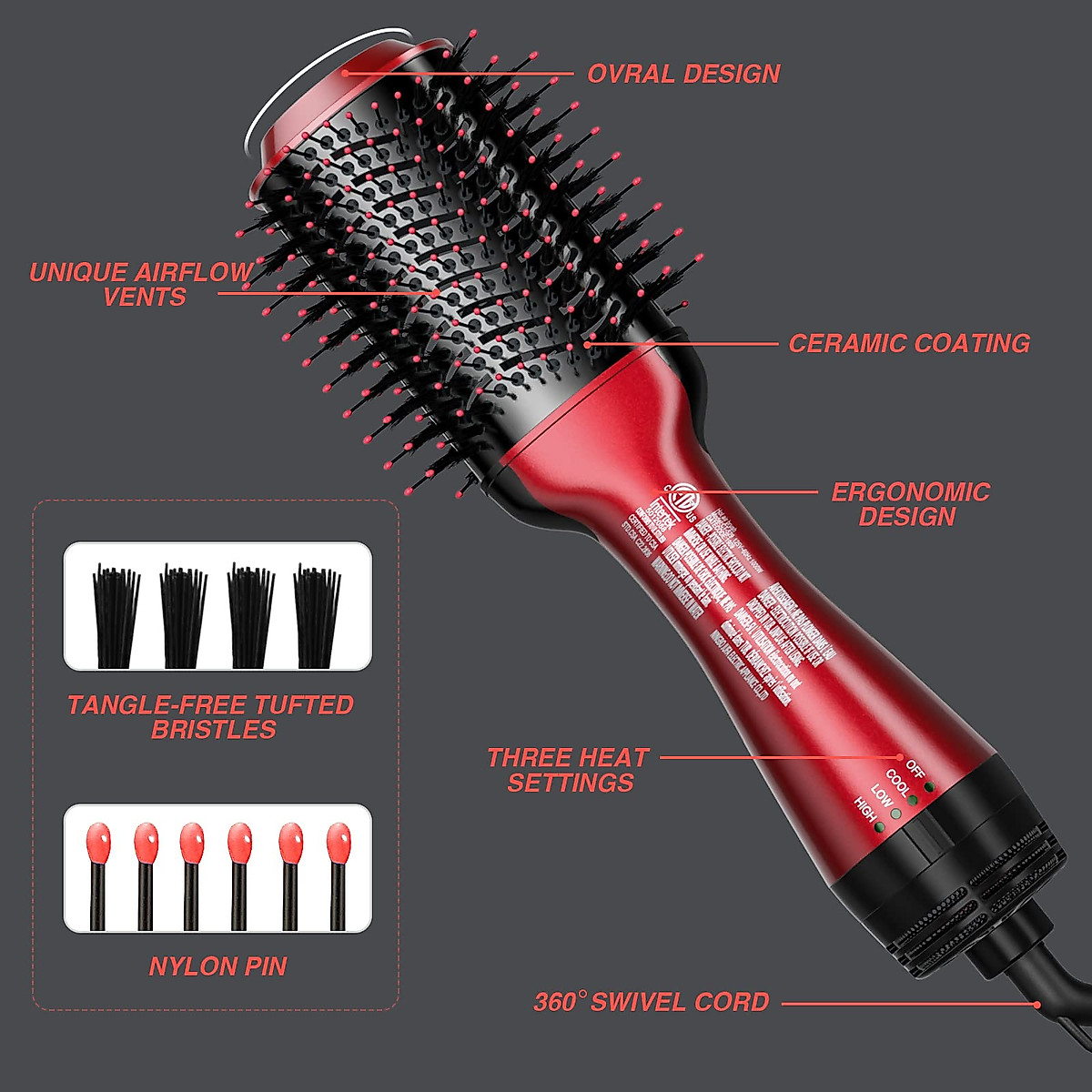 Beautimeter Hot Air Brush, 2-in-1 Volumizing Hair Dryer Brush, Negative Ion Blow Dryer Comb, Salon Hair Styler Brush for Hair Straightening and Curling, Red