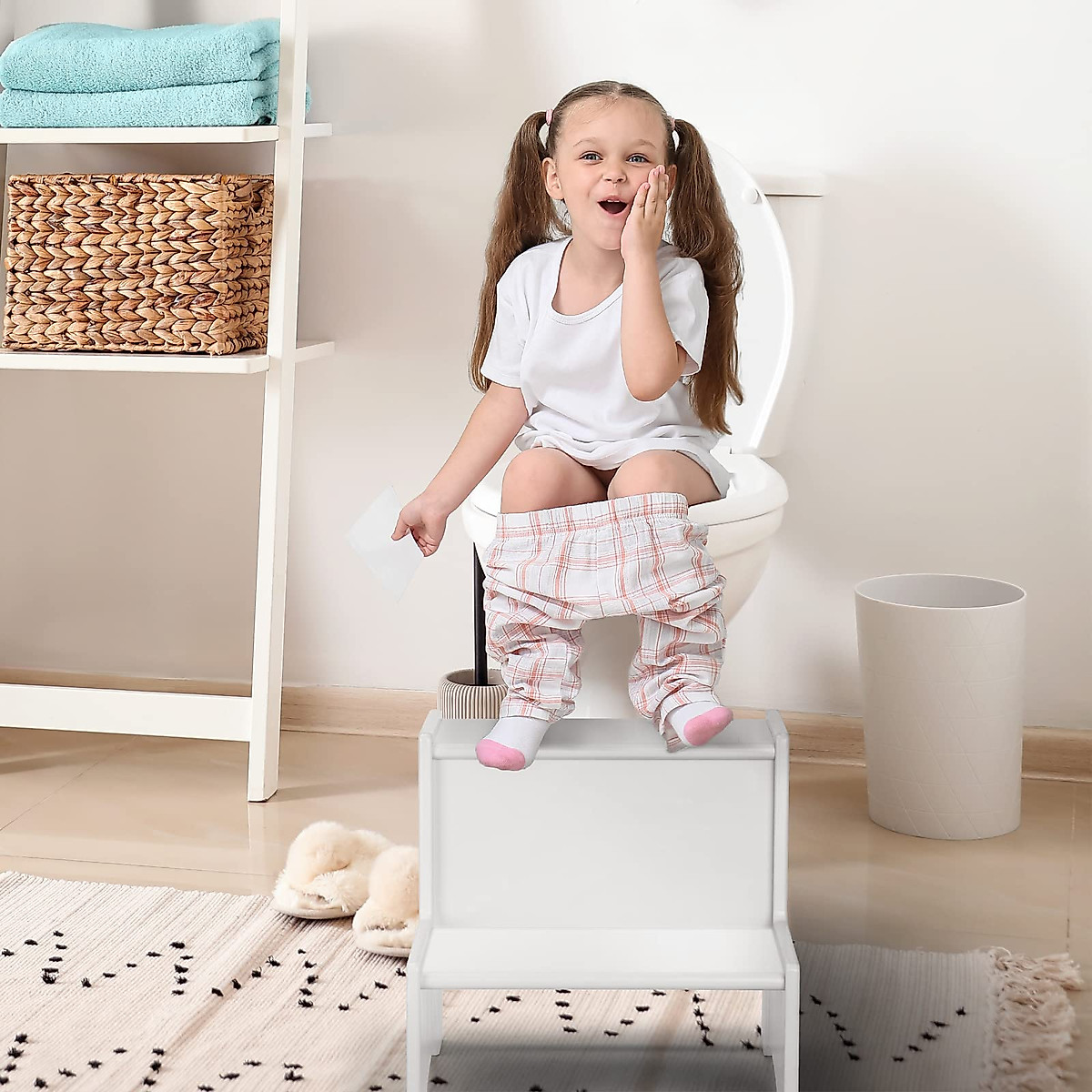 COSYLAND Toddler Two Step Stool, Kitchen Stool Bathroom Potty Stool, Children's Stool Nursery Helper Standing Tower Stepping Stool (White)