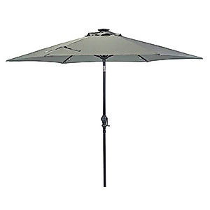Sun-Ray 811035 9' Round 6-Rib Solar Lighted Patio Umbrella, 18 LED Lights, Crank and Tilt, Steel Frame, Grey