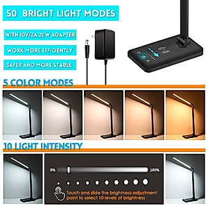JOSTIC LED Desk Lamp with Wireless Charger, USB Charging Port, Desk Lighting with 10 Brightness, 5 Color Modes, Dimmable Eye Caring Reading Desk Light for Home Office, Touch Control, Auto Timer, Black
