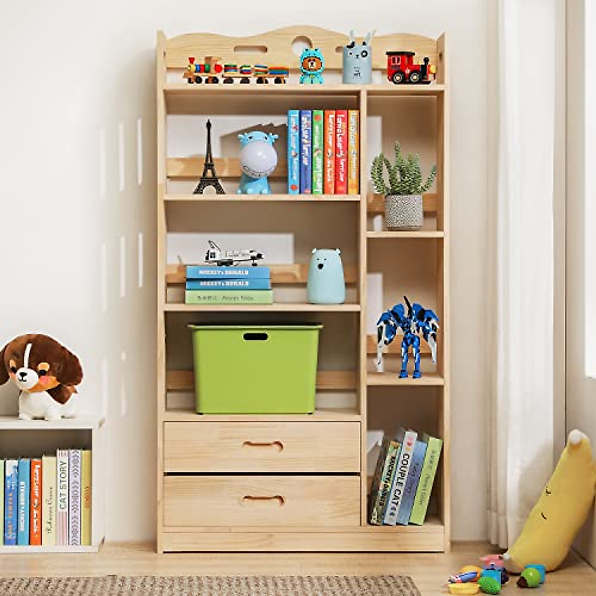 MoNiBloom 4 Tier Bookcase with Open Shelves and 2 Drawers, Large Modern Wood Heavy Duty Storage Display Stand Rack for Living Room, Natural