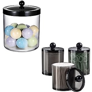 4 Pack Qtip Dispenser Apothecary Jars Bathroom with Labels - Qtip Holder Storage Canister Plastic Acrylic Jar for Cotton Ball,Cotton Swab,Q-tips,Cotton Rounds(Black)