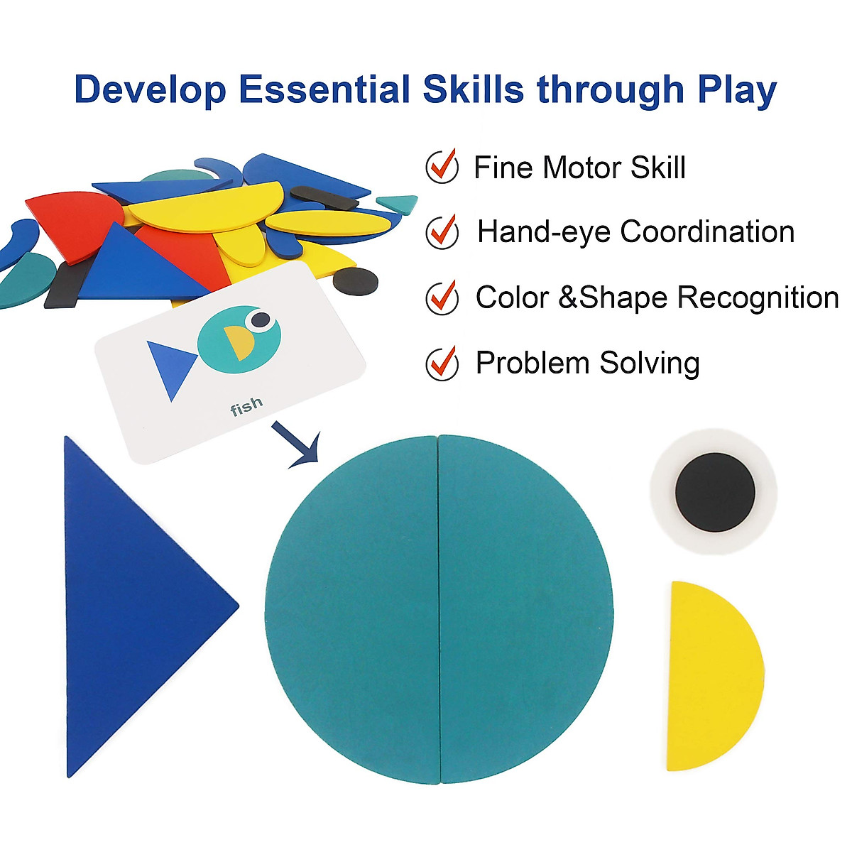 FLYINGSEEDS Wooden Pattern Blocks Animals Jigsaw Puzzle Sorting and Stacking Games Montessori Educational Toys for Toddlers Kids Aged 3+ Years Old (36 Shape Pieces & 60 Design Cards)