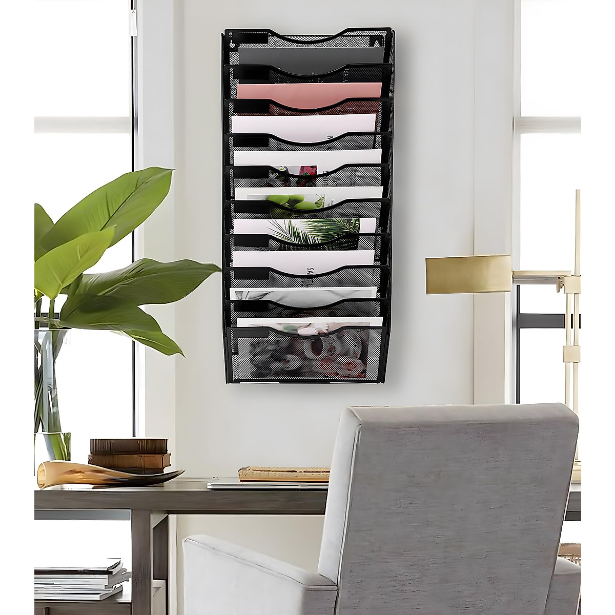 EasyPAG Mesh Wall File Holder 10 Pocket Assembly Office Hanging File Folder Organizer Magazine Rack Mail Sorter Bin | Nametag Label Included, Black