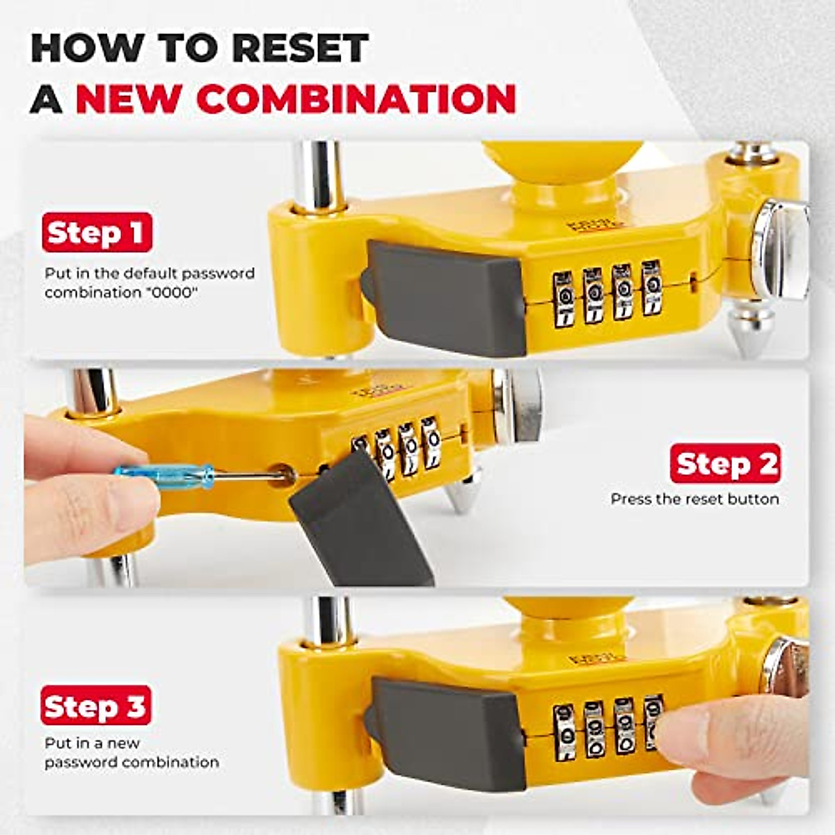 KEMIMOTO Upgrade Code Trailer Hitch Lock Anti Theft Universal Coupler Ball Tow Adjustable Storage Security Heavy-Duty Steel with Combination Design for 1-7/8 Inch, 2 Inch, 2-5/16 Inch Couplers Yellow