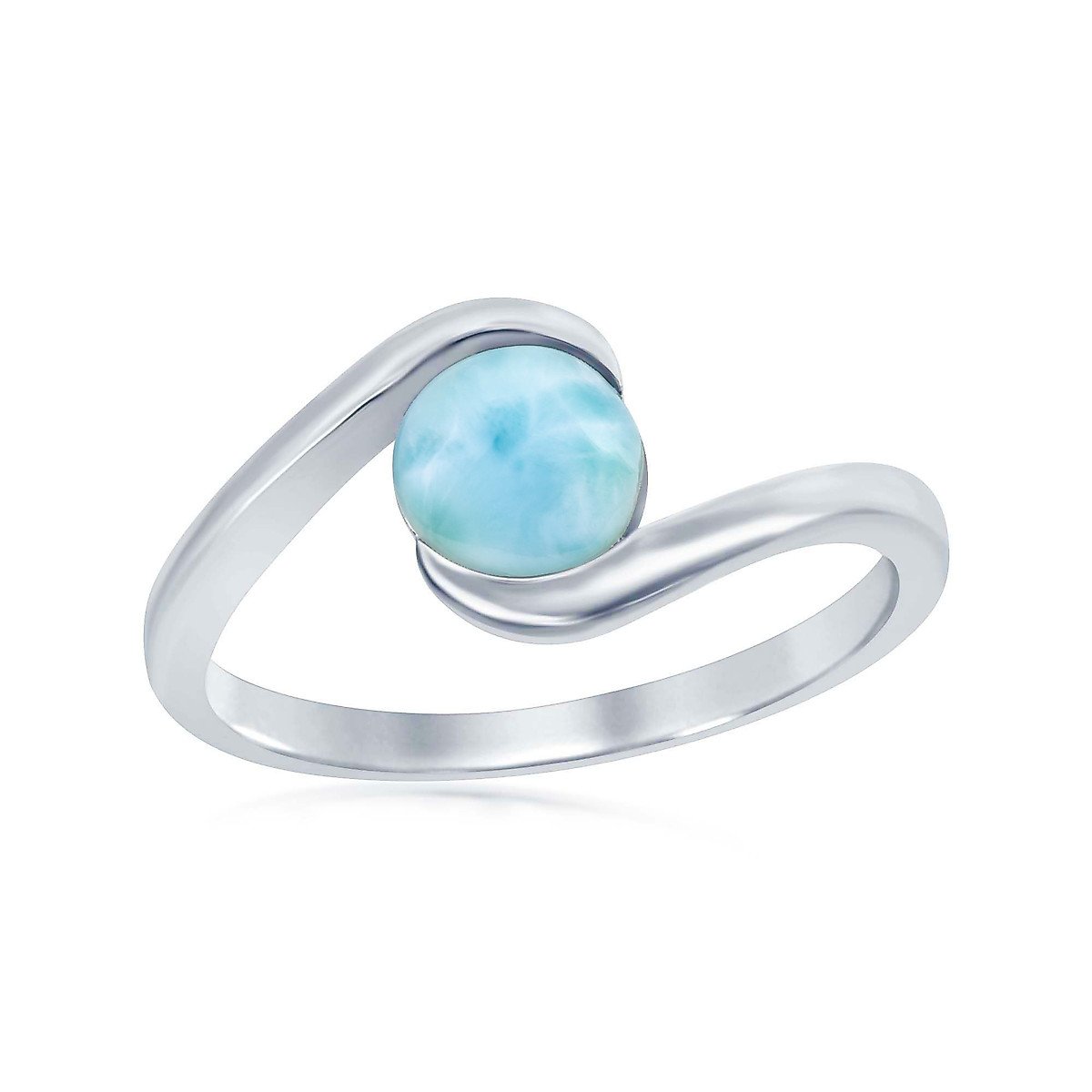 Sterling Silver Natural Round Larimar Stone Swirl Design Ring