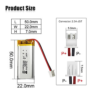 KBT 3.7V 800mAh Li-Polymer Battery: 702250 Lipo Rechargeable Lithium-ion Replacement Batteries with PH 2.54 JST Connector, PH1.25/2.0 JST Connector for Replacement - 3Pack