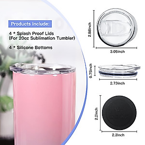 AGH 4PCS Splash Proof Lids & Silicone Bottoms for Sublimation Tumblers 20 oz Skinny Straight, 2.7 Inch Tumbler Replacement Splash Resistant Lids Covers, 2.2 Inch Protective Anti-Slip Rubber Coaster