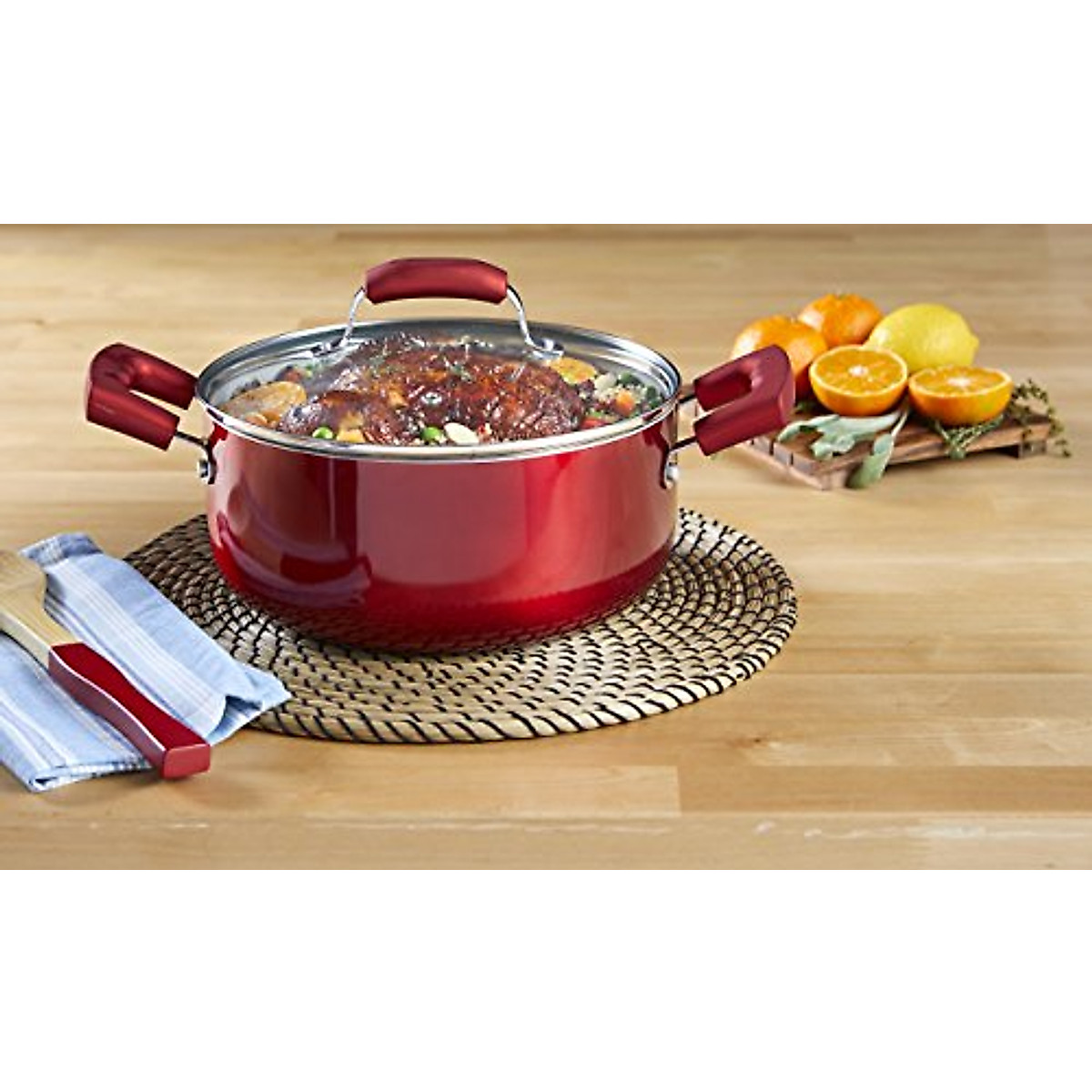 IMUSA USA 4.9Qt Ruby Red Nonstick Dutch Oven with Glass Lid and Soft Touch Handles, 5 Quarts