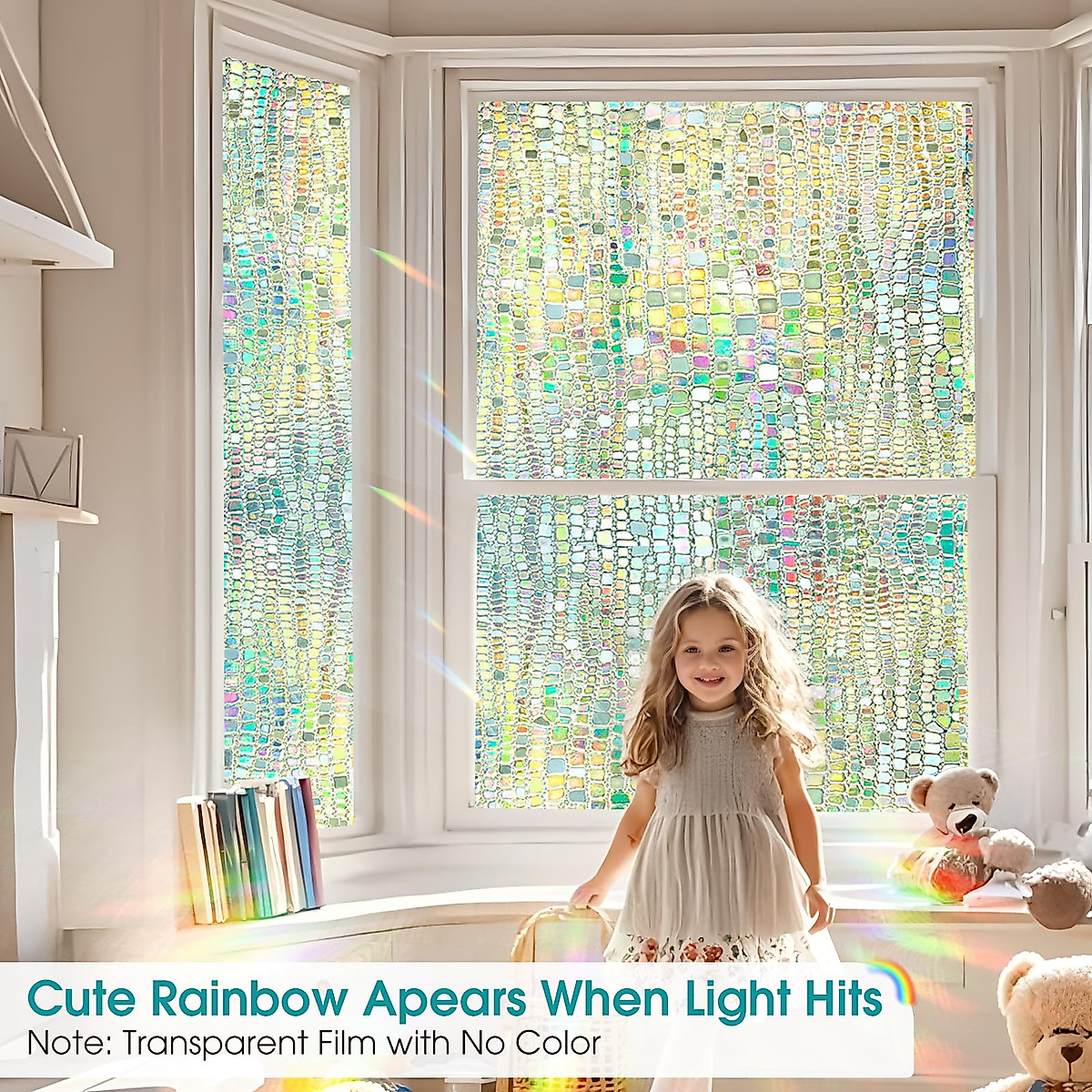 Windimiley Window Privacy Film 3D Rainbow Static Clings Bathroom Stained Glass Decorative Window Sticker Prism Holographic Window Decals Sun Blocking Non-Adhesive Door Covering,17.5x118.1In, Pure