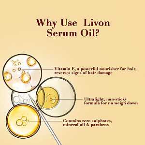 Livon Hair Serum for Men & Women | Frizz free & shinier hair | Sulphate & Paraben free| All Hair Types | Lightweight & Non Greasy | Vitamin E Serum Oil | Enriched with Argan & Almond Oil | 3.3 Fl.oz