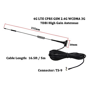 TS9 Connector Antenna 7DBi High Gain 4G LTE CPRS GSM 3G 2.4G WCDMA Omni Directional Antenna with Magnetic Stand Base 5m RG174 Extension Cable for WiFi Router Mobile Broadband Outdoor Signal Booster