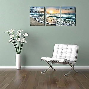 Canvas Wall Art Beach Sunset Ocean Waves Wall Decor 3 Pieces x 12" x 16" Modern Seascape Canvas Artwork Contemporary Nature Pictures Painting Giclee Prints Framed Ready to Hang for Home Decoration