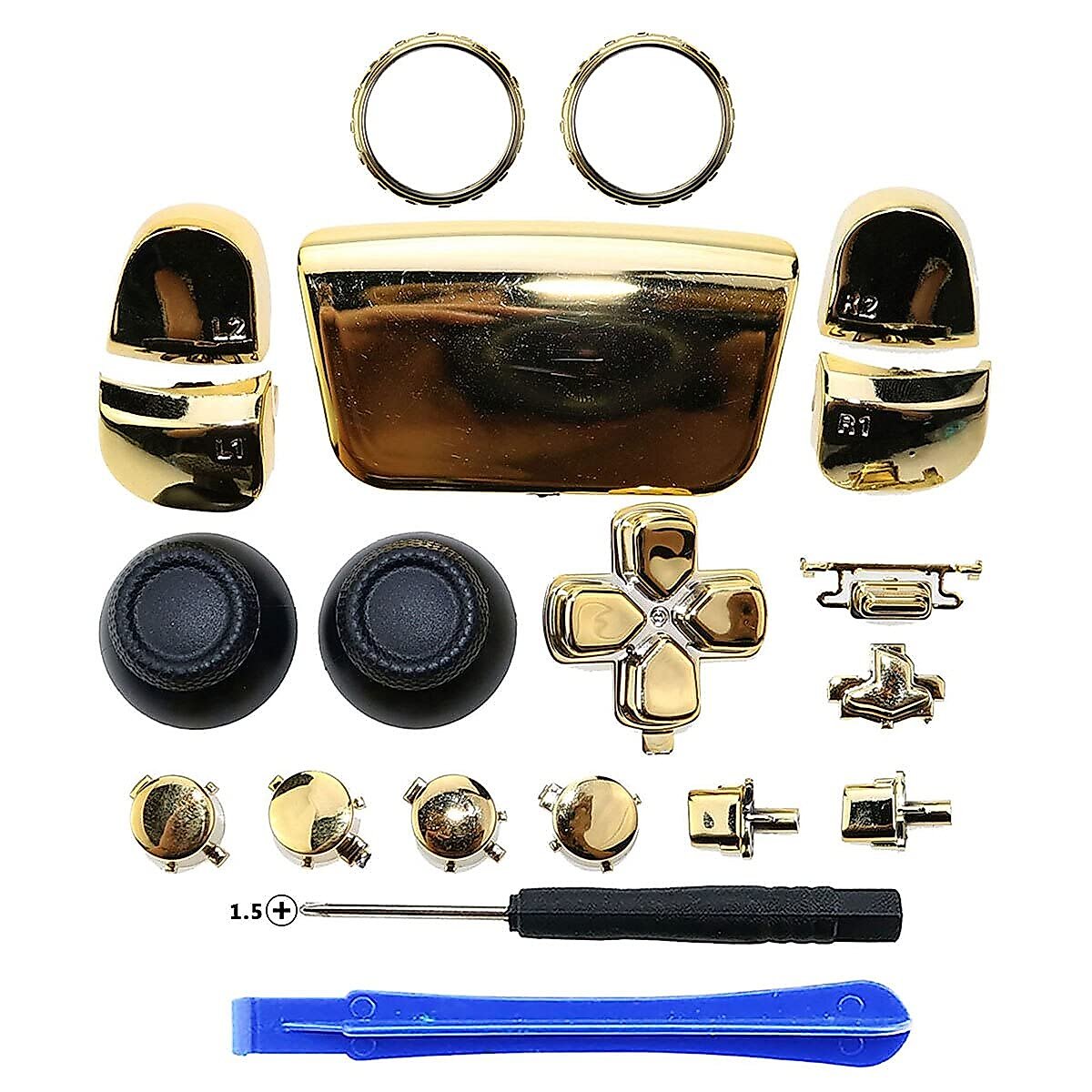 NSlikey Chrome ABXY Dpad Triggers Buttons Replacement Button Mod Kit +Accent Rings with Tool for Sony PS5 Controller (Chrome Gold)