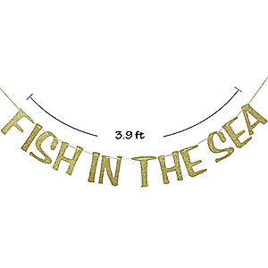Qttier Two Less Fish in The Sea Banner Sign Garland Gold Glitter for Engagement Bridal Shower Wedding Bachelorette Decorations Nautical Theme Decor Photo Booth Props