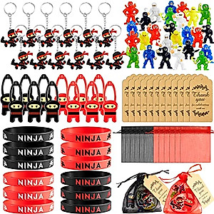 84 Pcs Ninja Party Favors Include 12 Stretchy Flying Ninjas, 24 Mini Ninja Figurines, 12 Ninja Silicone Wristbands, 12 Ninja Keychains, 12 Red and Black Organza Bags and 12 Gift Tags for Birthday