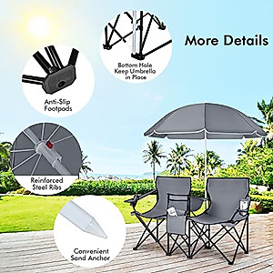 COSTWAY, Folding w/Detachable Umbrella, Cooler Bag, Cup Holders, Patio Beach Camping Outdoors Double Portable Picnic Chair, Grey