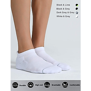 CelerSport 6 Pack Men's Running Ankle Socks with Cushion, Low Cut Athletic Tab Socks, White + Grey, Medium