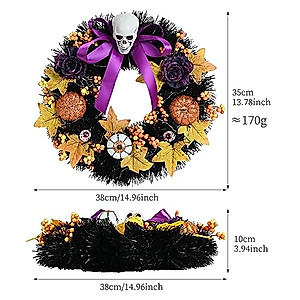 Halloween Skull Wreath,Halloween Wreaths with 20 LED Purple Lights, Skeleton Glitter Pumpkins Maple Leaf Terrifying Eyeball, Front Door Wreath for Indoor, Outdoor, Home, Party Decoration