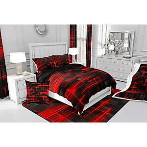 Feelyou Red Black Duvet Cover Queen Size Boys Girls Geometric Strip Lines Bedding Set for Kids Geometry Comforter Cover Set Abstract Modern Bedspread Cover Room Decor Bedclothes Zipper