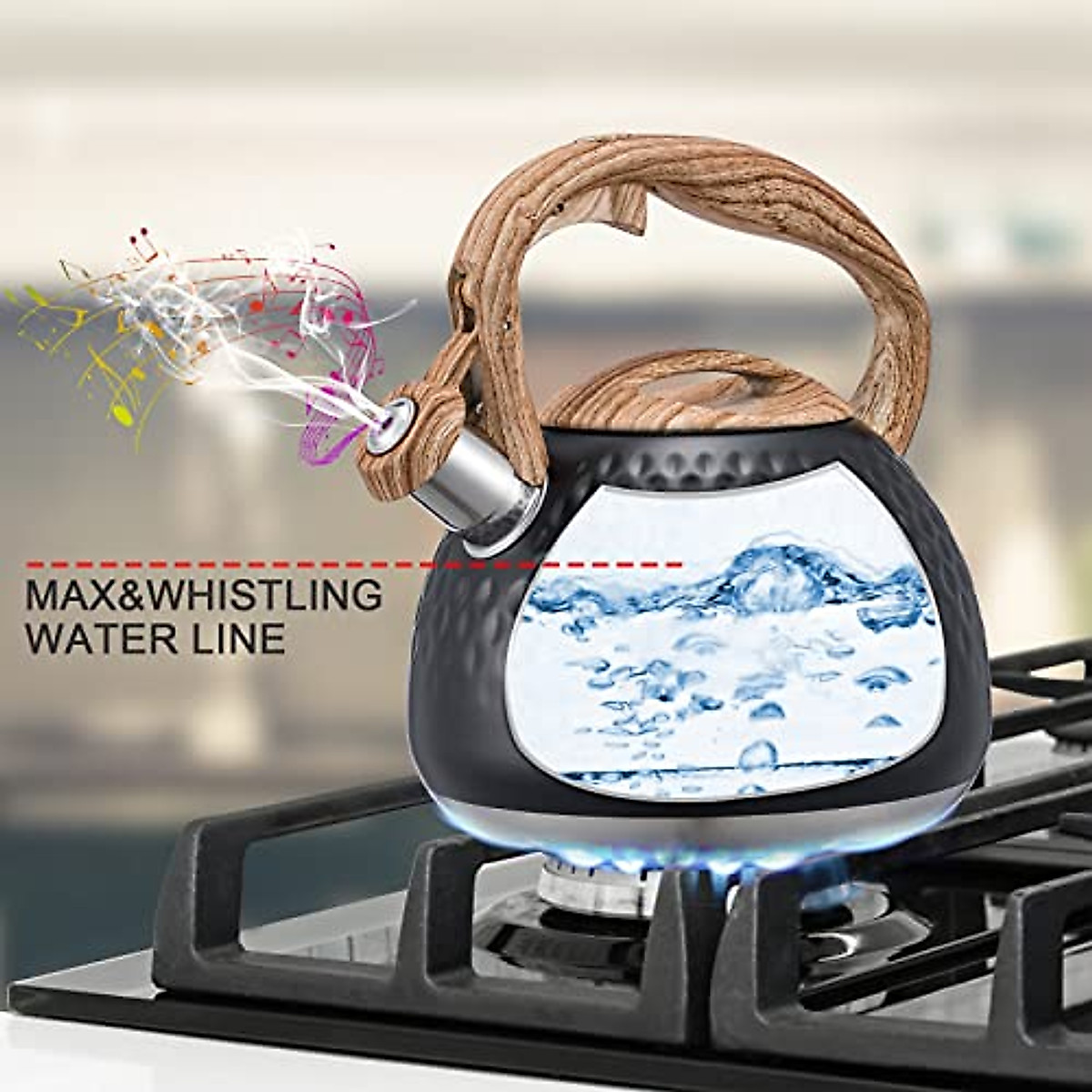 Tea Kettle, Black Stovetop Teapot, 2.7 Quart, Loud Whistle, Food Grade Stainless Steel and Smooth Wood Pattern Handle, Sophisticated Look for Hiking, Picnic, for Tea, Coffee, Milk