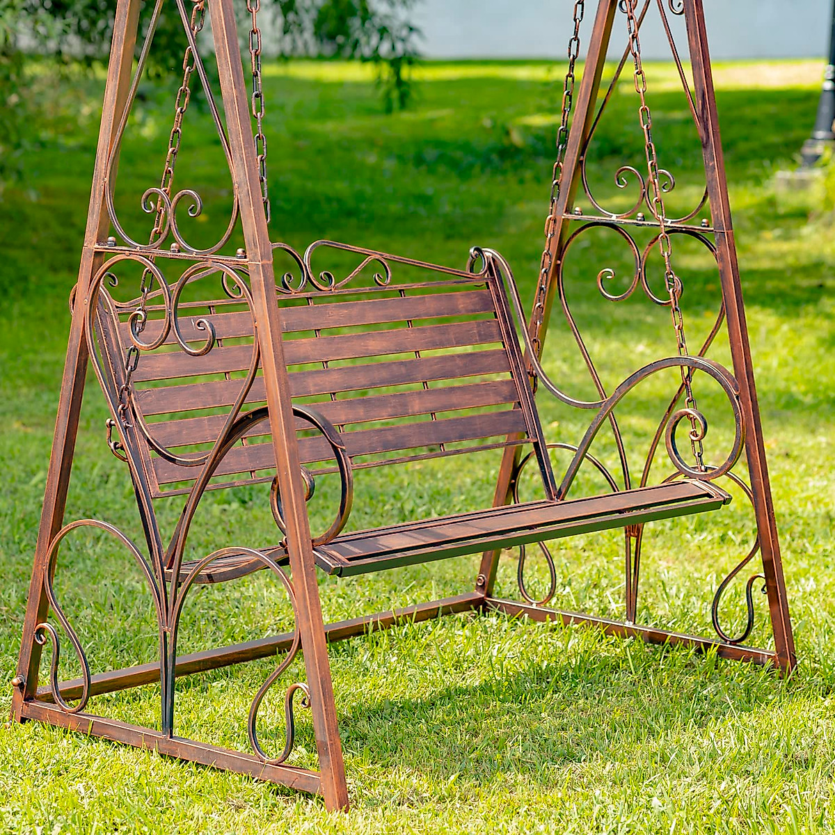 Outdoor Sturdy Metal Swing Bench with Frame Monte Carlo 1968" Furniture Collection (Aged Bronze, Swing Bench with Frame)