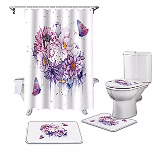 Meet 1998 4 Pcs Shower Cuatain Sets Non-Slip Bath Rugs Purple Pink Floral Butterfly Toilet Cover Bathroom Decor for Kids Adults Watercolor Art,36x72 inch Waterproof Shower Curtainch with Hooks,Small