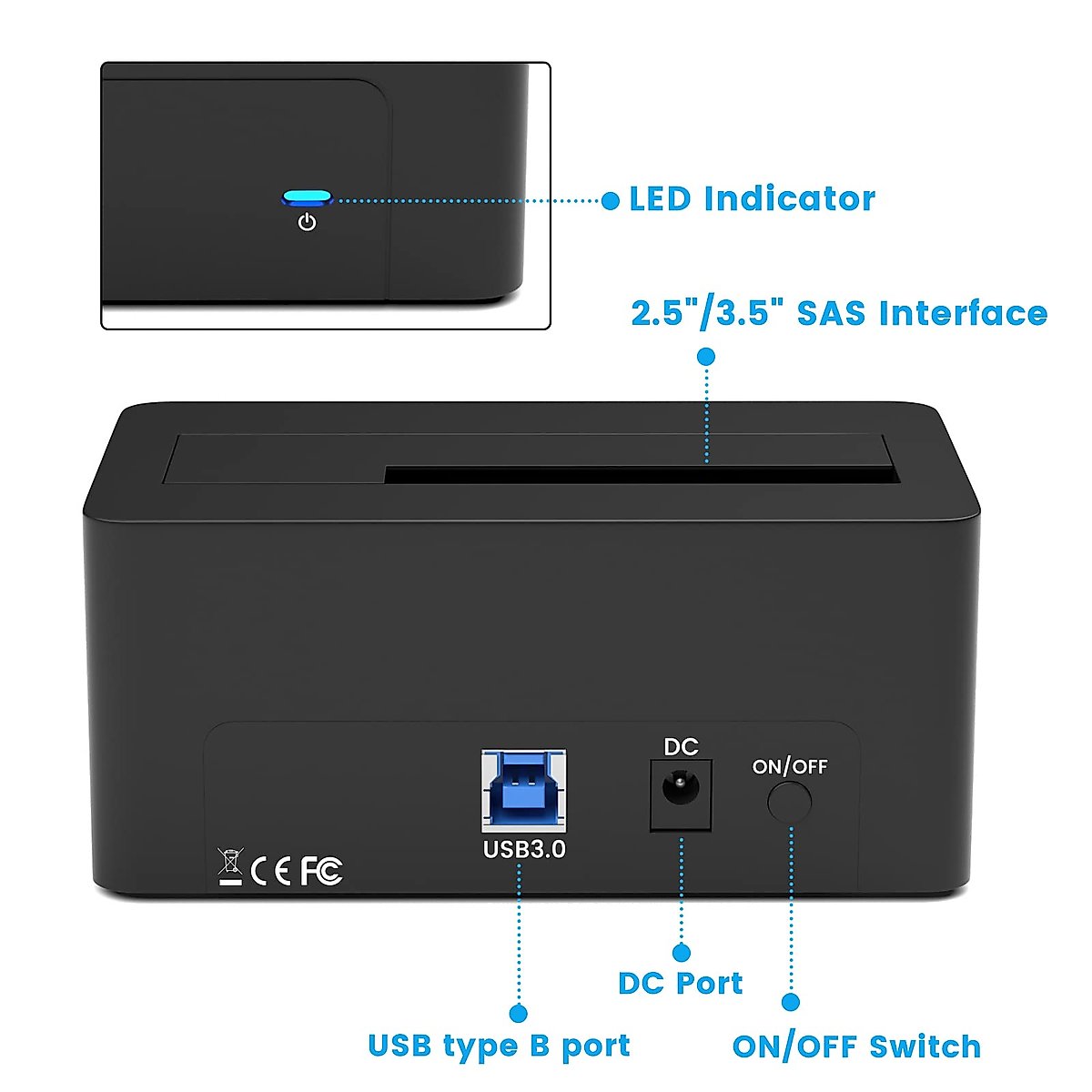 SAS to USB 3.0 Adapter, SAS/SATA Hard Drive Reader Enclosure Docking Station for 2.5/3.5 inch HDD SSD with 12V/2A Power Adapter