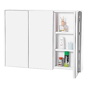 Basicwise QI003456 3 Shelves White Wall Mounted Bathroom/Powder Room Mirrored Door Vanity Cabinet Medicine Chest