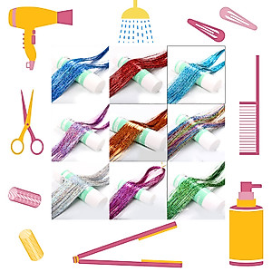 Hair Tinsel Kit 12 Colors, 2500 Strands 48 Inches Sparkling Tinsel Hair Extensions with Tool, Fairy Hair Tinsel for Birthday Halloween Christmas New Year Party