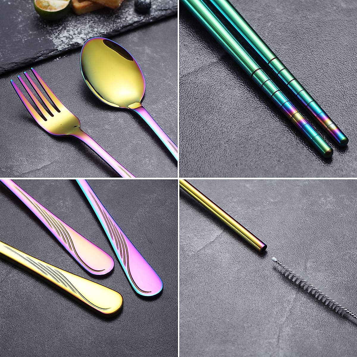 HOMQUEN Portable Utensils,Travel Camping Flatware Set,Stainless Steel Silverware Set,Include Knive/Fork/Spoon/Chopsticks/Straws/Brush/Portable Case(Colorful-8 Piece)