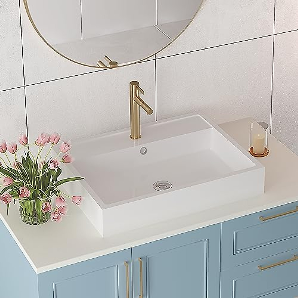 ARTSTONE 23.6 x 18.5 inch Bathroom Vessel Sink with Pop-up Drain Combo Above Counter, Stone Resin Rectangle Bathroom Sink with Overflow, Vanity Countertop Bowl Sink Washing Basin, White