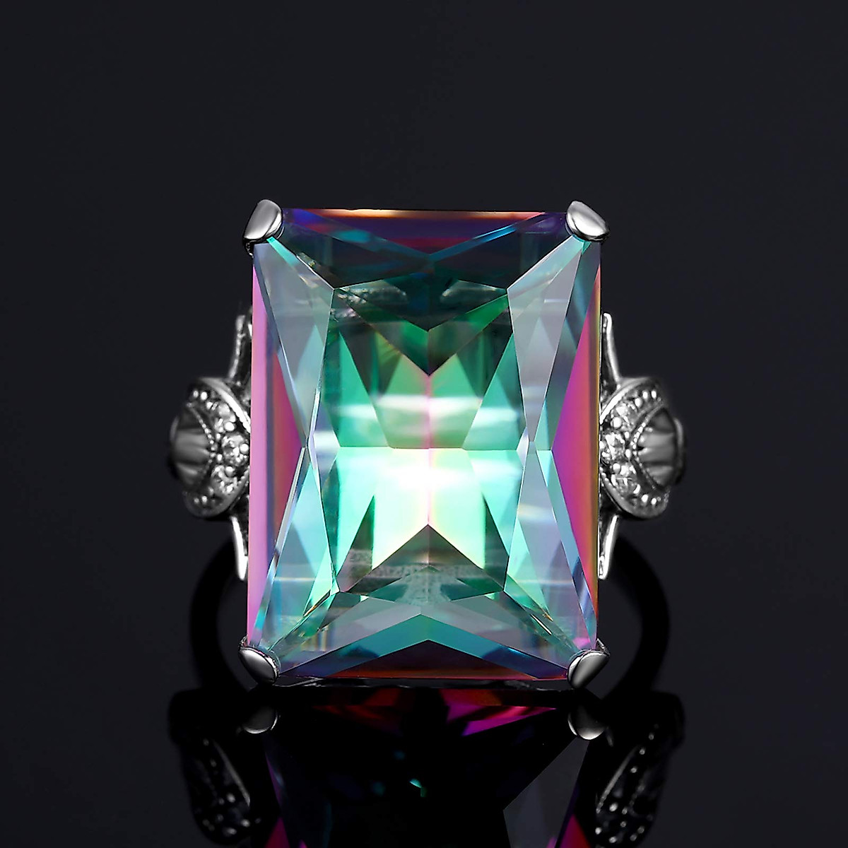 SZJINAO Vintage Silver 925 Rings for Women Mystic Fire Rainbow Topaz Huge Square Stone Ring Wife Lady Mom Birthday Gift Silver Jewelry