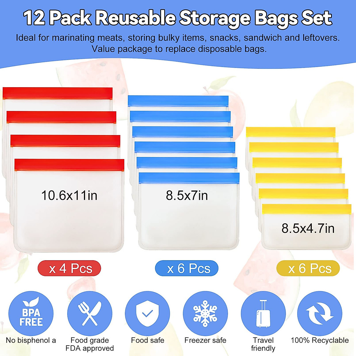 16Pack Reusable Food Storage Bags,Leakproof Reusable Freezer Bags,Extra Thick Reusable Silicone Bags BPA Free PEVA for Marinate Food Lunch Travel Items (4 Gallon Bags+6 Sandwich Bags+6 Snack Bags)