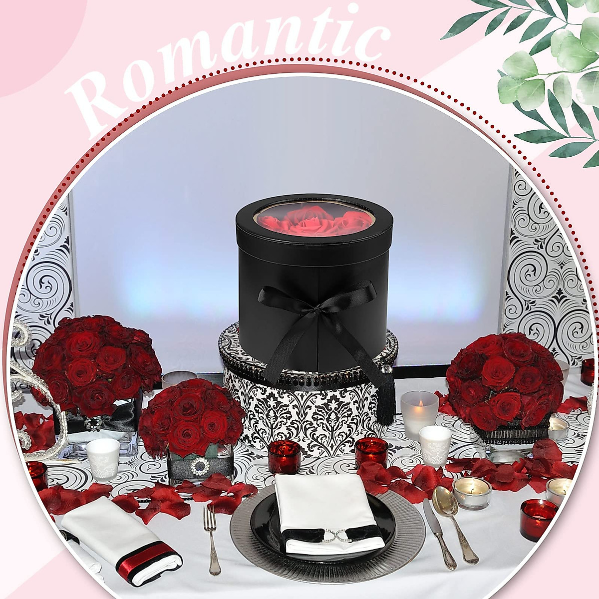 Outus Valentines Day Floral Boxes, Round Flower Boxes for Arrangements, 2 Tier Gift Boxes with Lids, Double Layer Rotating Bouquet Boxes with Paper Cards Raffia for Wedding Gift(Black)