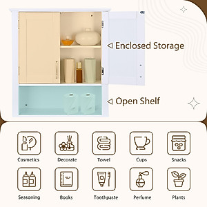 JupiterForce Bathroom Wall Cabinet Over The Toilet with 2 Doors and 3 Adjustable Shelves, Wall Mounted Medicine Cabinet for Bathroom, Living Room, Kitchen, White