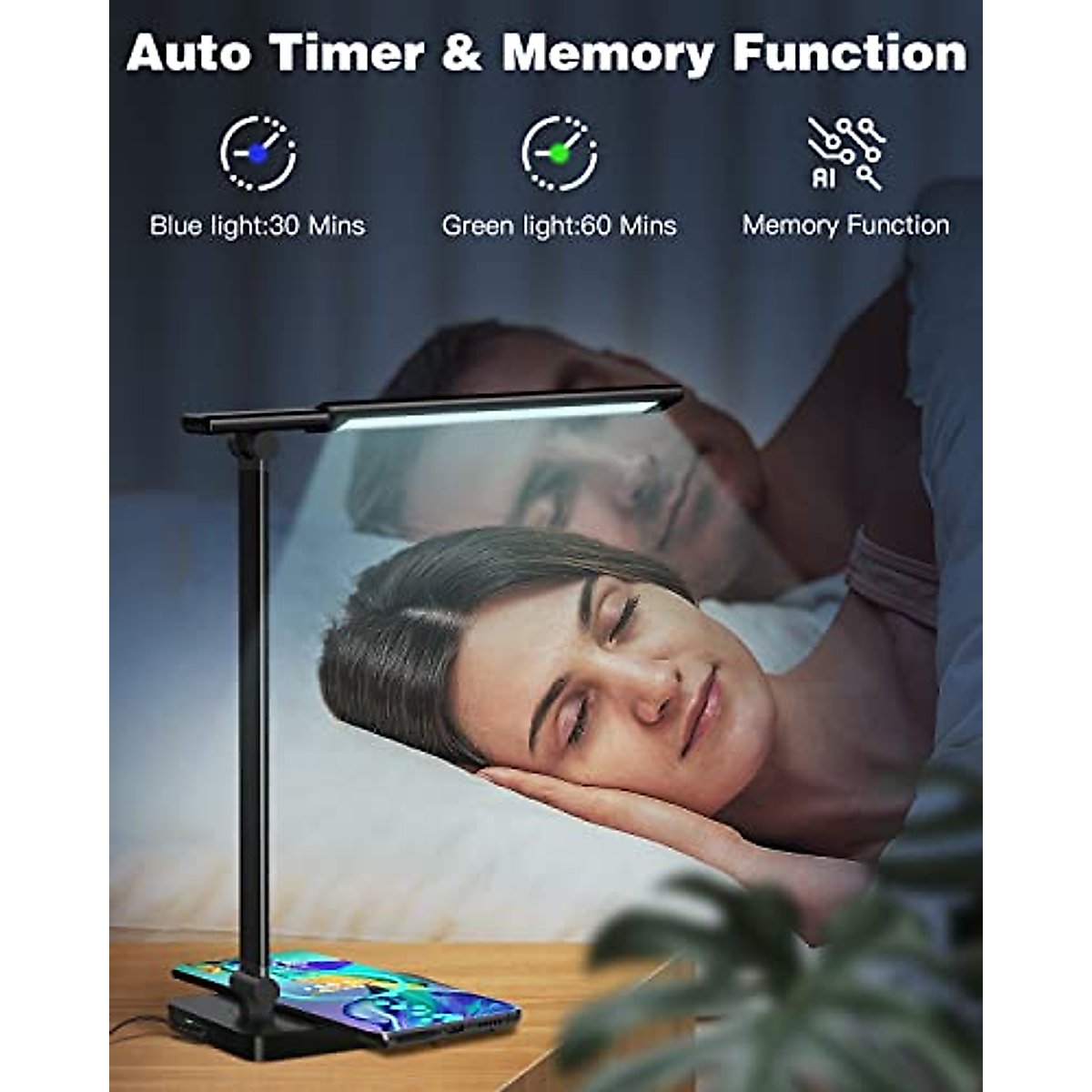 AGEARSUK LED Desk lamp, Desk Lamp with USB Charging Port for Home Office, Dimmable Desk Lamp with Wireless Charger, Eye-Caring Reading Lamps, Touch Control Study Lamps for Dorm (Adapter Included)