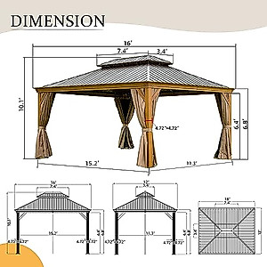 12’ x 16’ Hardtop Gazebo Outdoor Aluminum Wood Grain Gazebos with Galvanized Steel Double Canopy for Patios Deck Backyard,Curtains&Netting by domi outdoor living