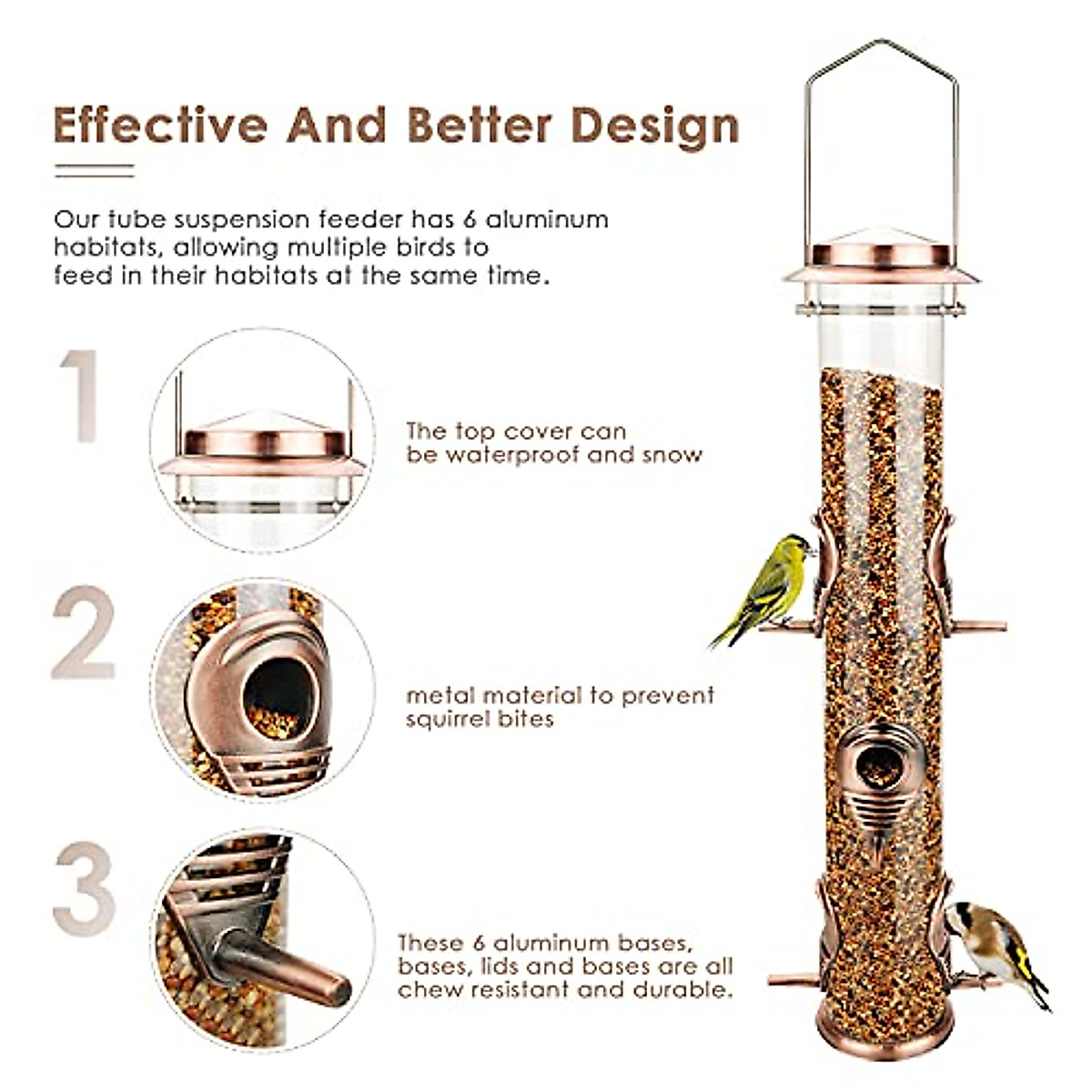 Metal Bird Feeder Tube Hanging Wild Bird Seed Feeder Aluminum Six Port Bird Feeders,1.4 mm Extra Thick Solid Tube Transparent with Steel Hanger Great for Attracting Birds